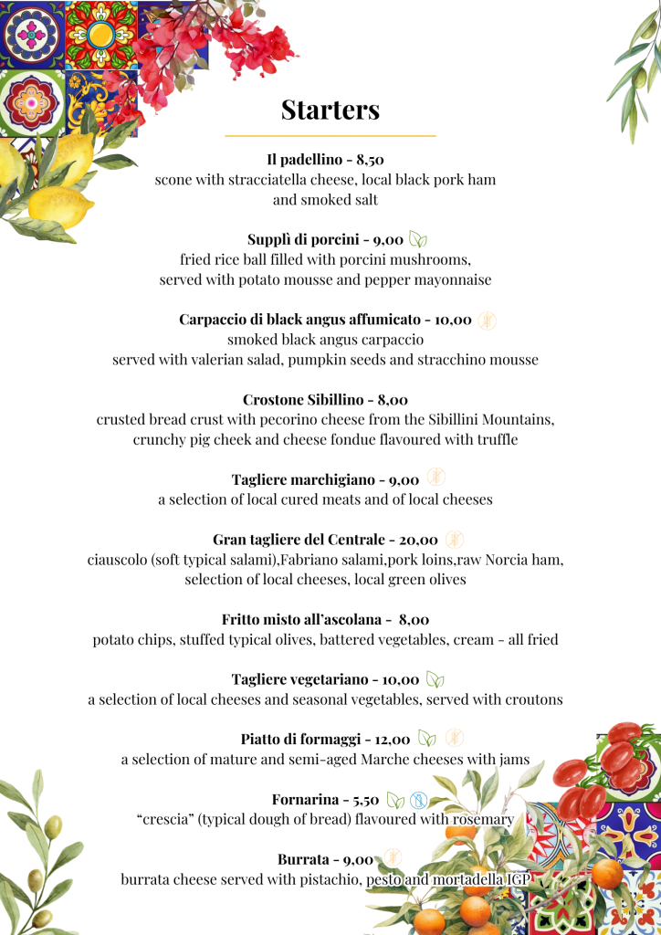 English Menu of Ristorante Centrale Macerata, discover our speciality and our typical dishes.